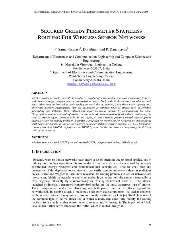 SECURED GREEDY PERIMETER STATELESS ROUTING FOR WIRELESS SENSOR NETWORKS | PDF