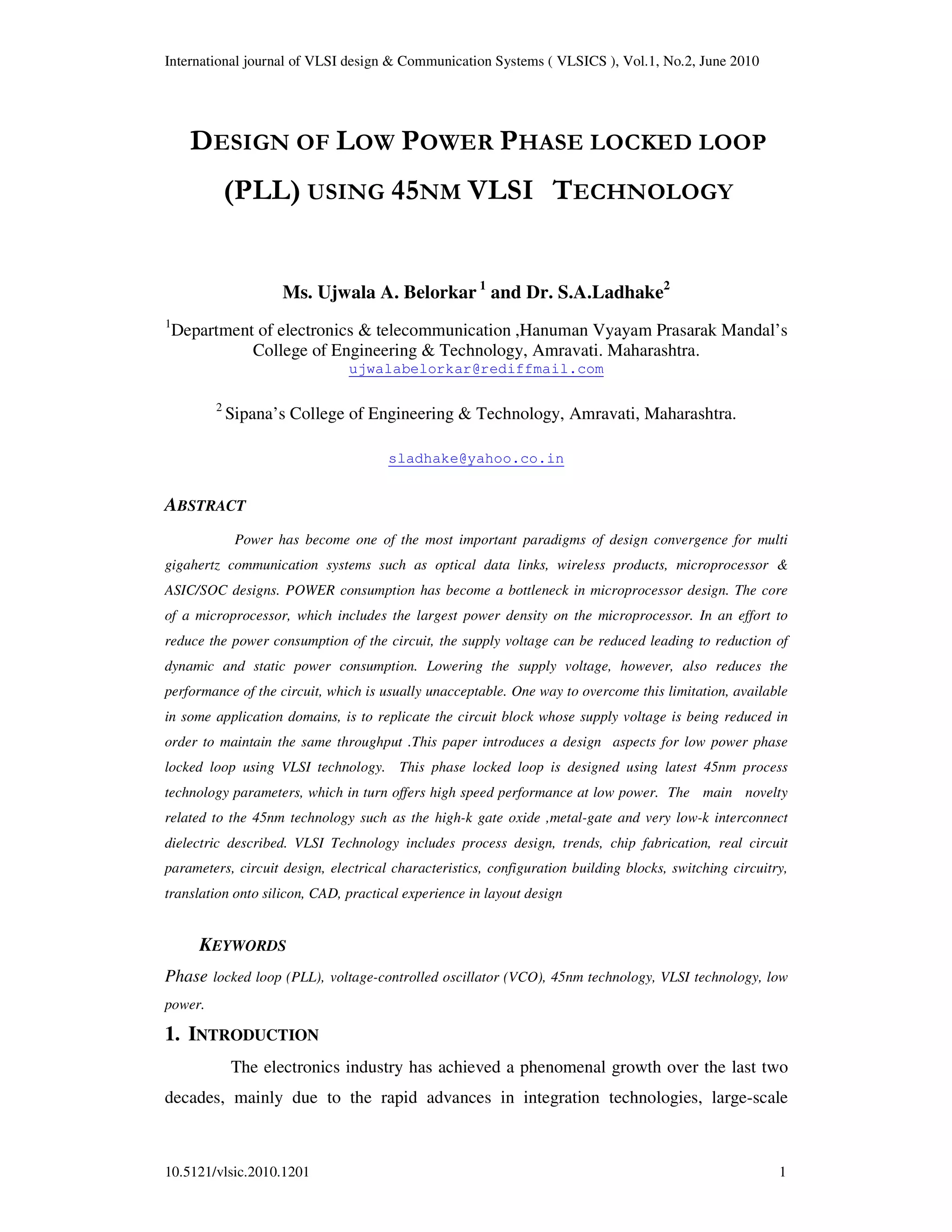 Design of Low Power Phase Locked Loop (PLL) Using 45NM VLSI Technology ...