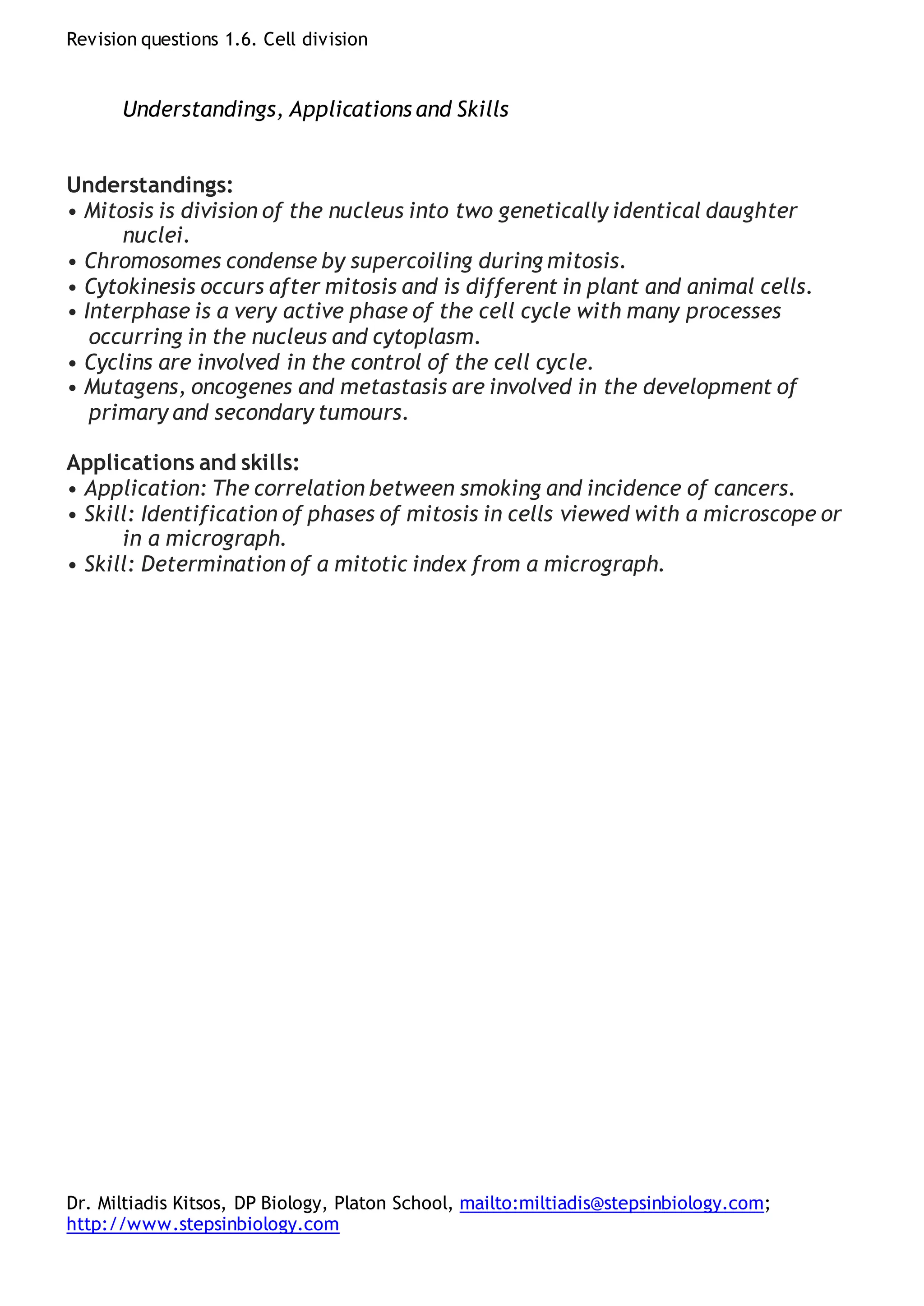 Revision questions on 1.6. Cell division of IB Biology | DOCX