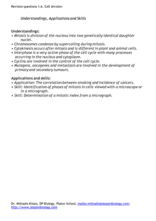Revision questions on 1.6. Cell division of IB Biology | DOCX ...