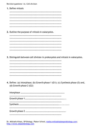 Revision questions on 1.6. Cell division of IB Biology | DOCX ...