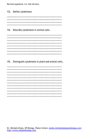 Revision questions on 1.6. Cell division of IB Biology | DOCX