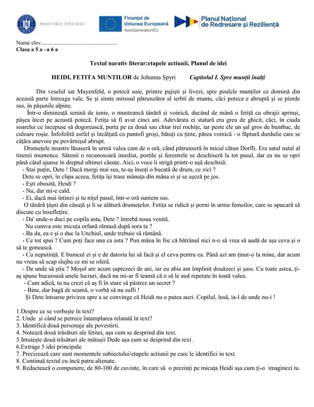 06 11 2023 a 5 a a 6 a Textul narativ literaretapele actiunii Planul de ...