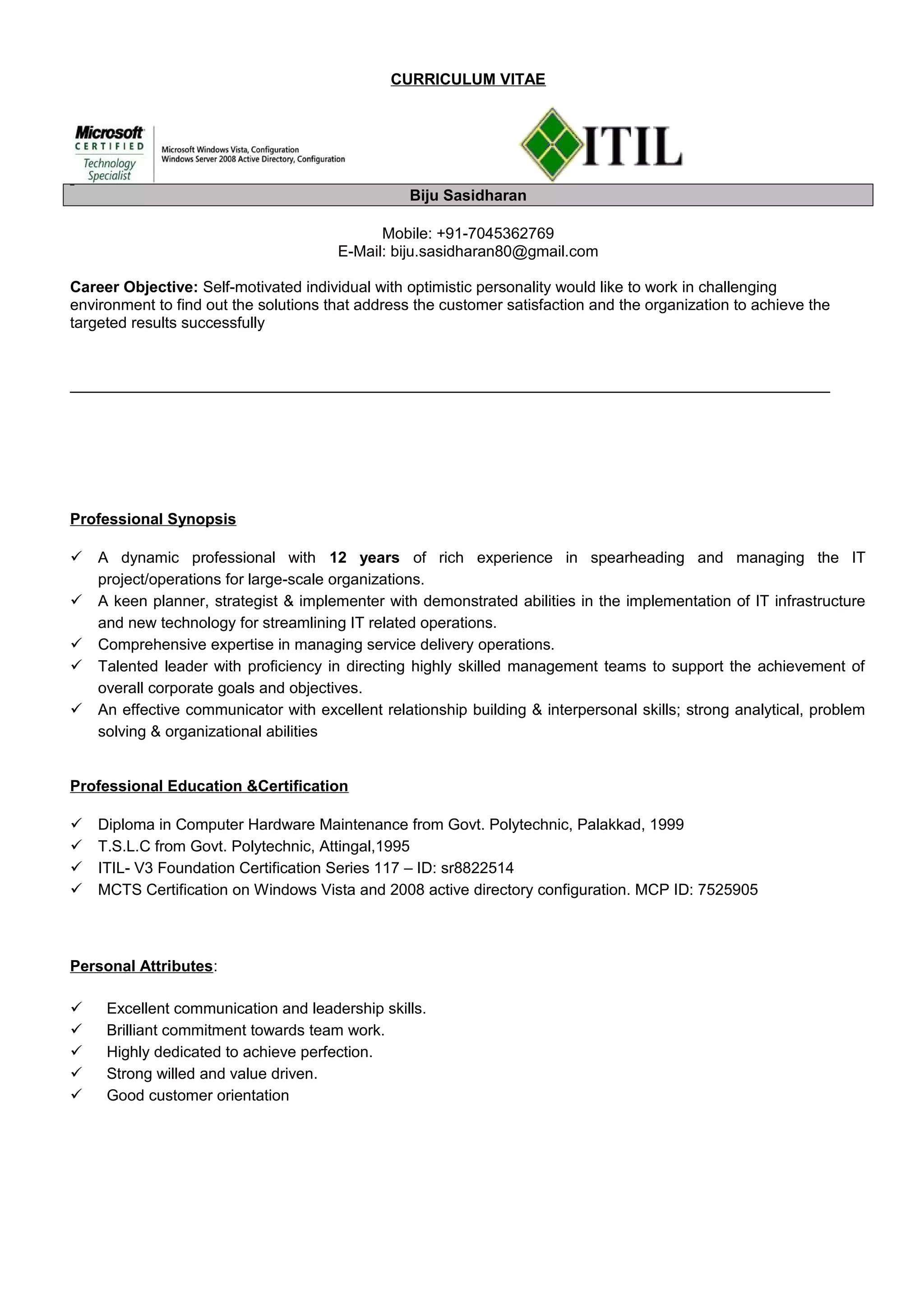 Biju Sasidharan Resume | PDF