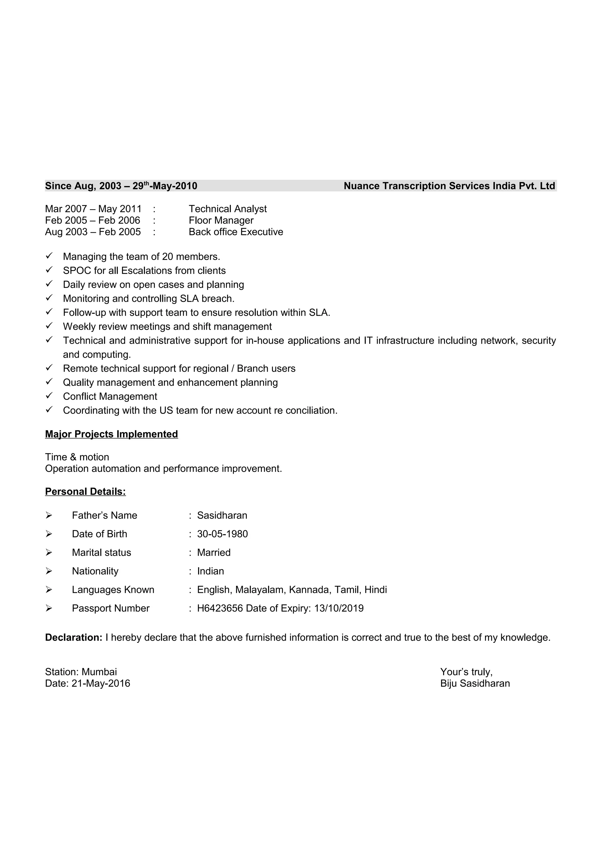 Biju Sasidharan Resume | DOC