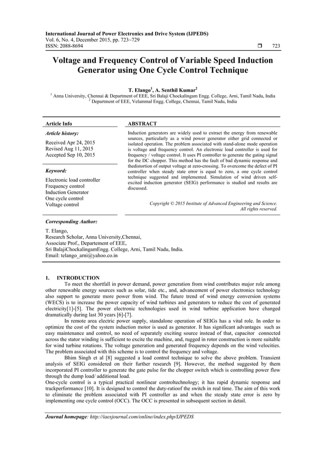 Voltage and Frequency Control of Variable Speed Induction Generator using One Cycle Control ...