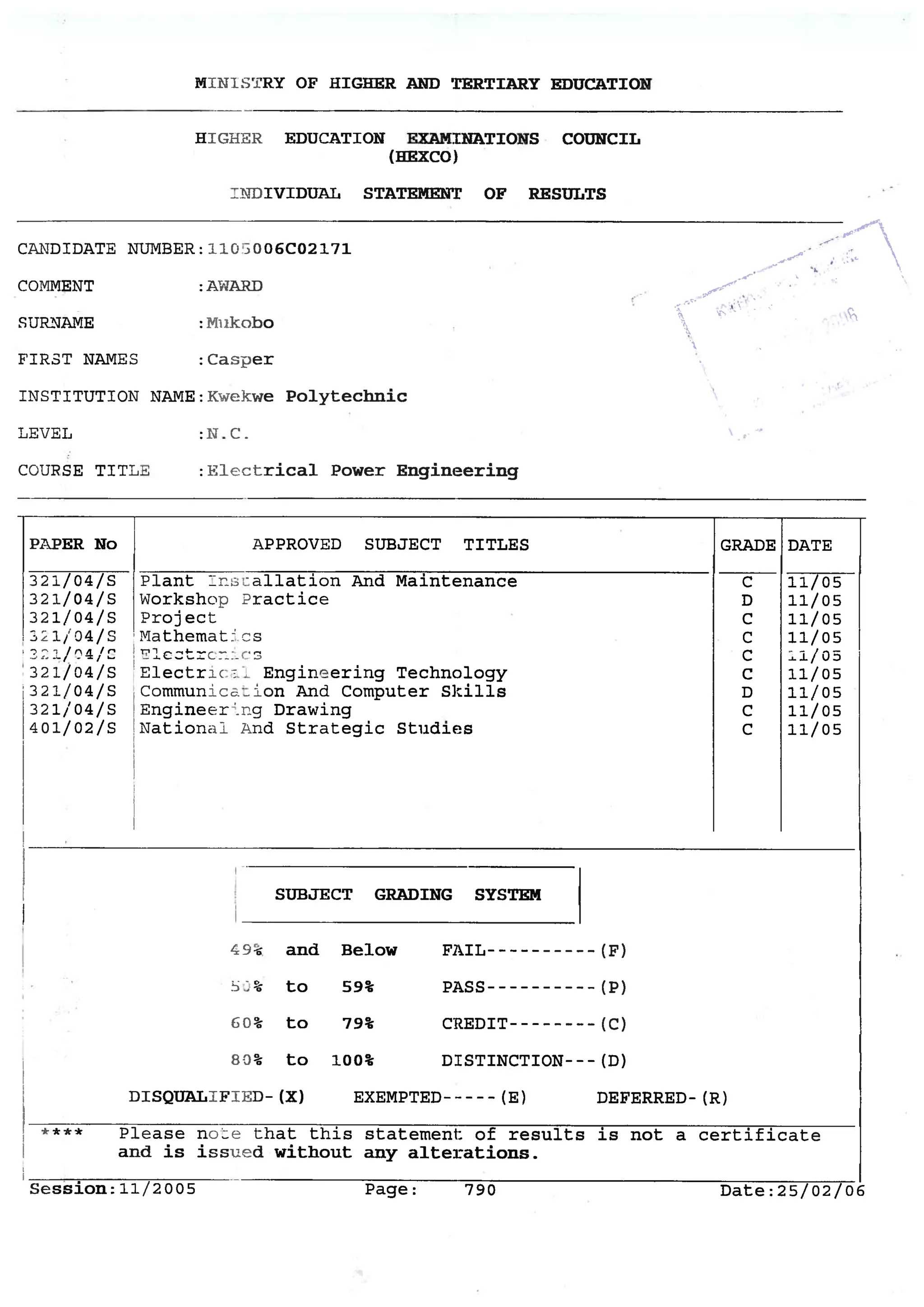 electrical power engineering statement of results.PDF