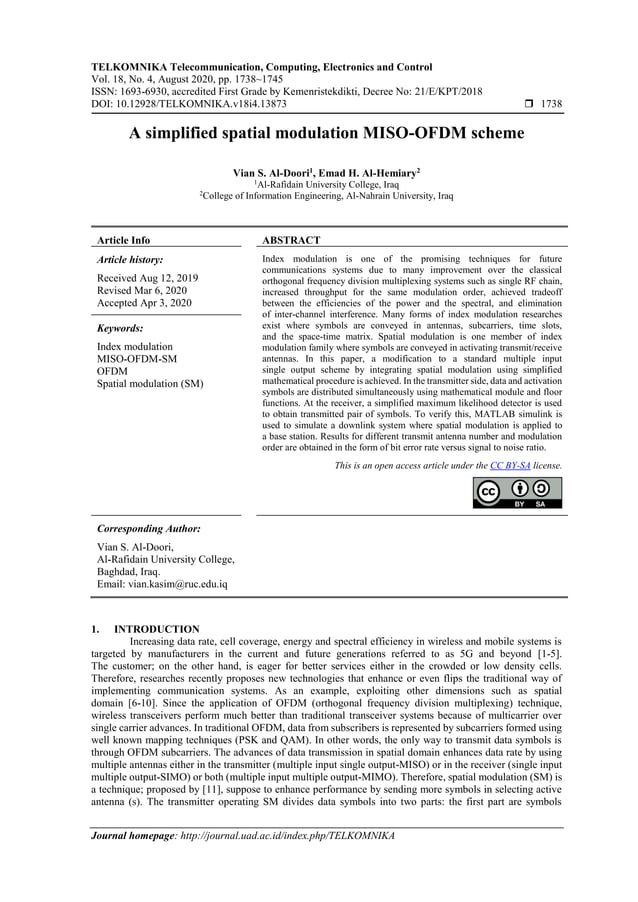A Simplified Spatial Modulation Miso Ofdm Scheme Pdf