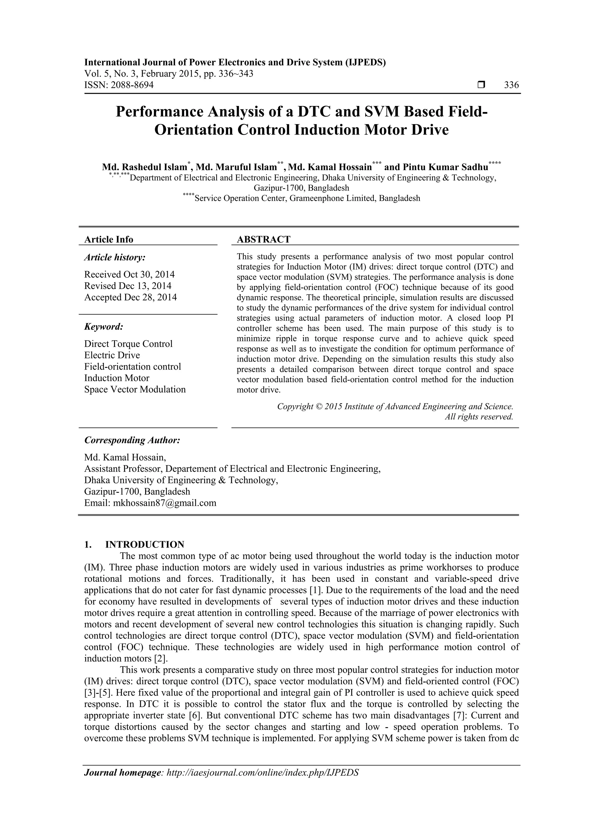 Performance Analysis Of A Dtc And Svm Based Field Orientation Control Induction Motor Drive Pdf