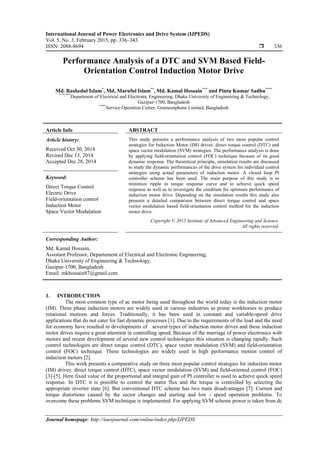 Performance Analysis of a DTC and SVM Based Field- Orientation Control Induction Motor Drive | PDF