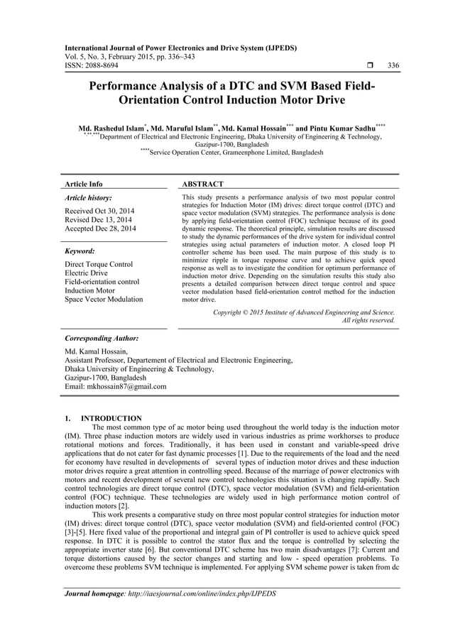 Performance Analysis of a DTC and SVM Based Field- Orientation Control Induction Motor Drive | PDF