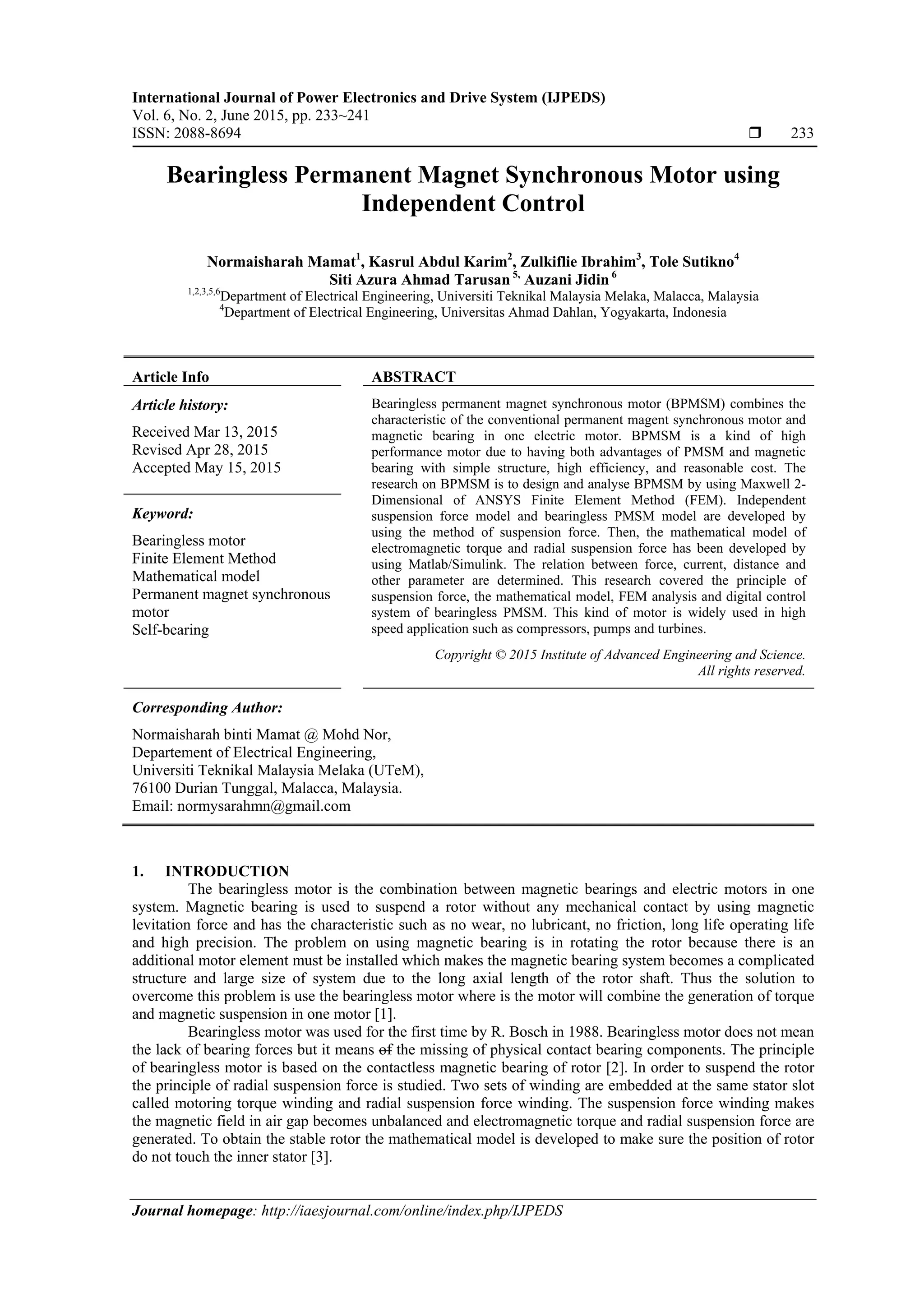 Bearingless Permanent Magnet Synchronous Motor using Independent ...
