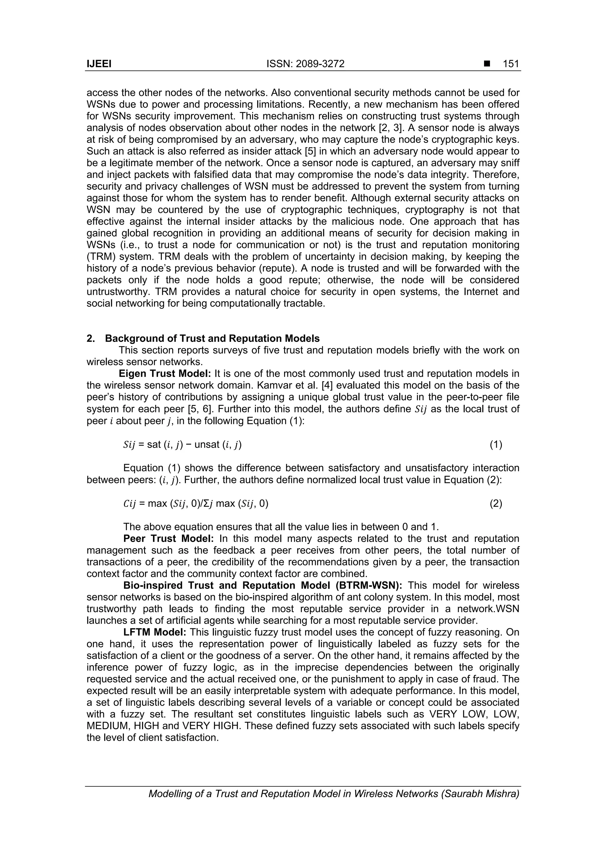 Modelling Of A Trust And Reputation Model In Wireless Networks Pdf Internet Of Things Internet