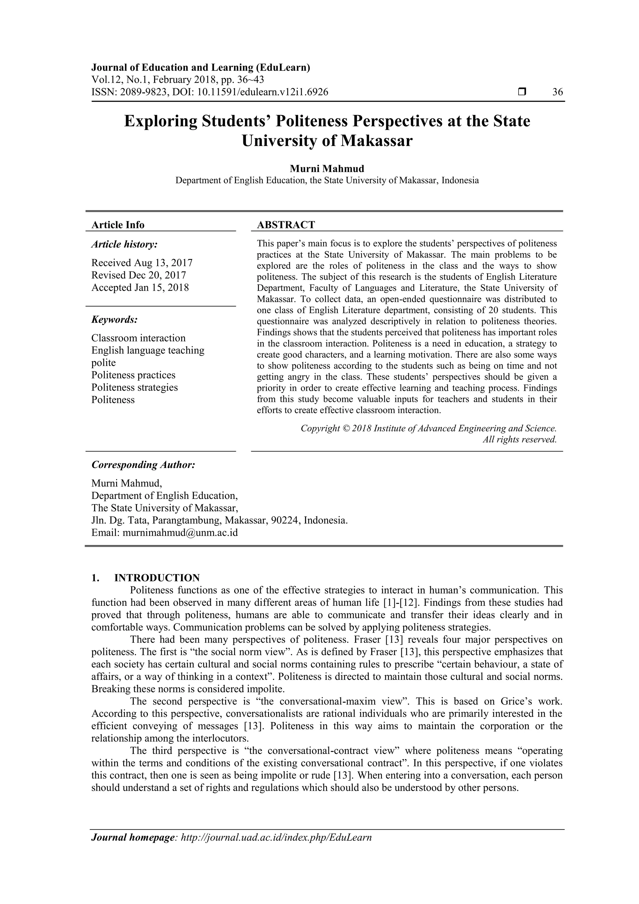 Exploring Students’ Politeness Perspectives at the State University of ...