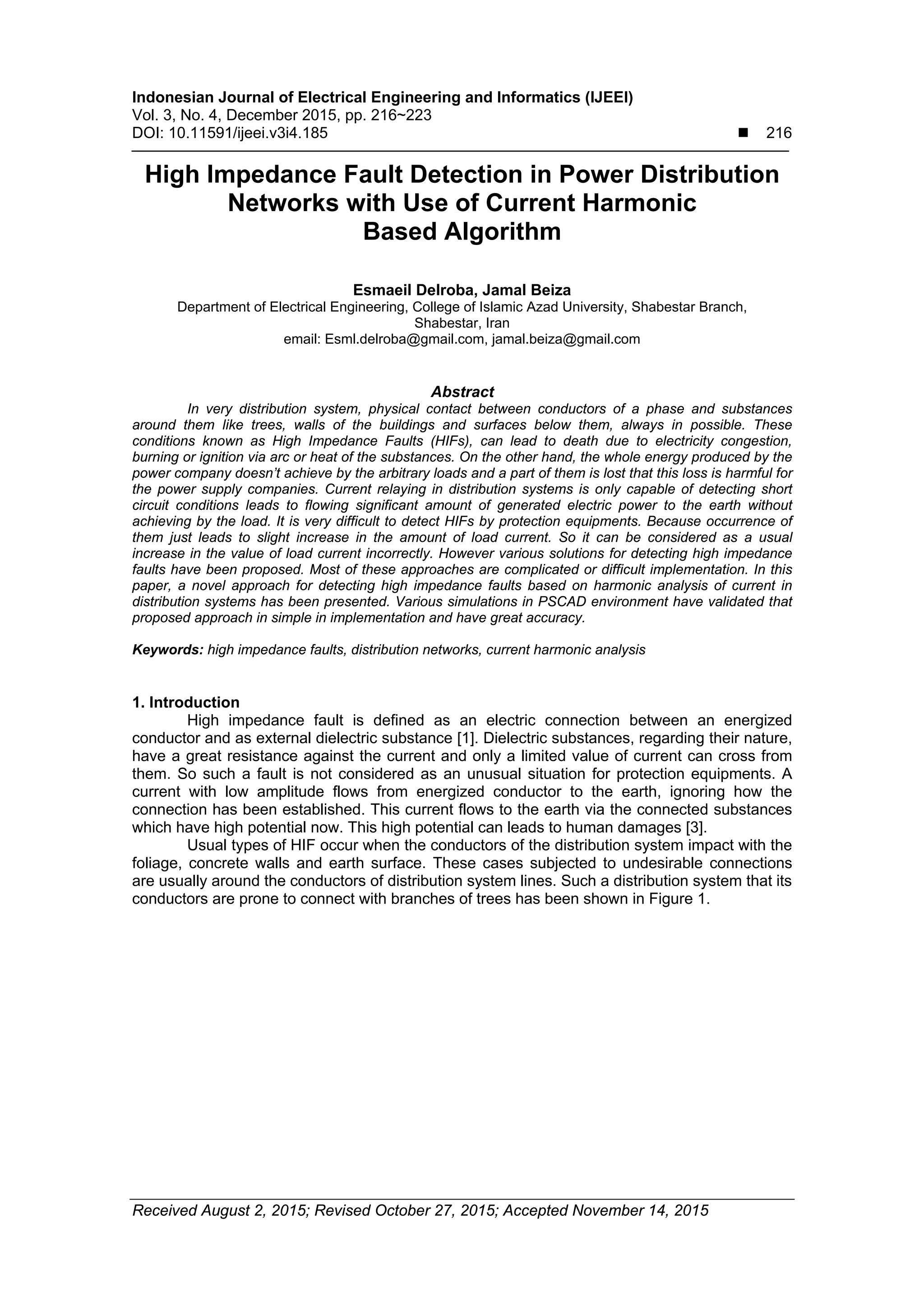 High Impedance Fault Detection in Power Distribution Networks with Use of Current Harmonic-Based ...