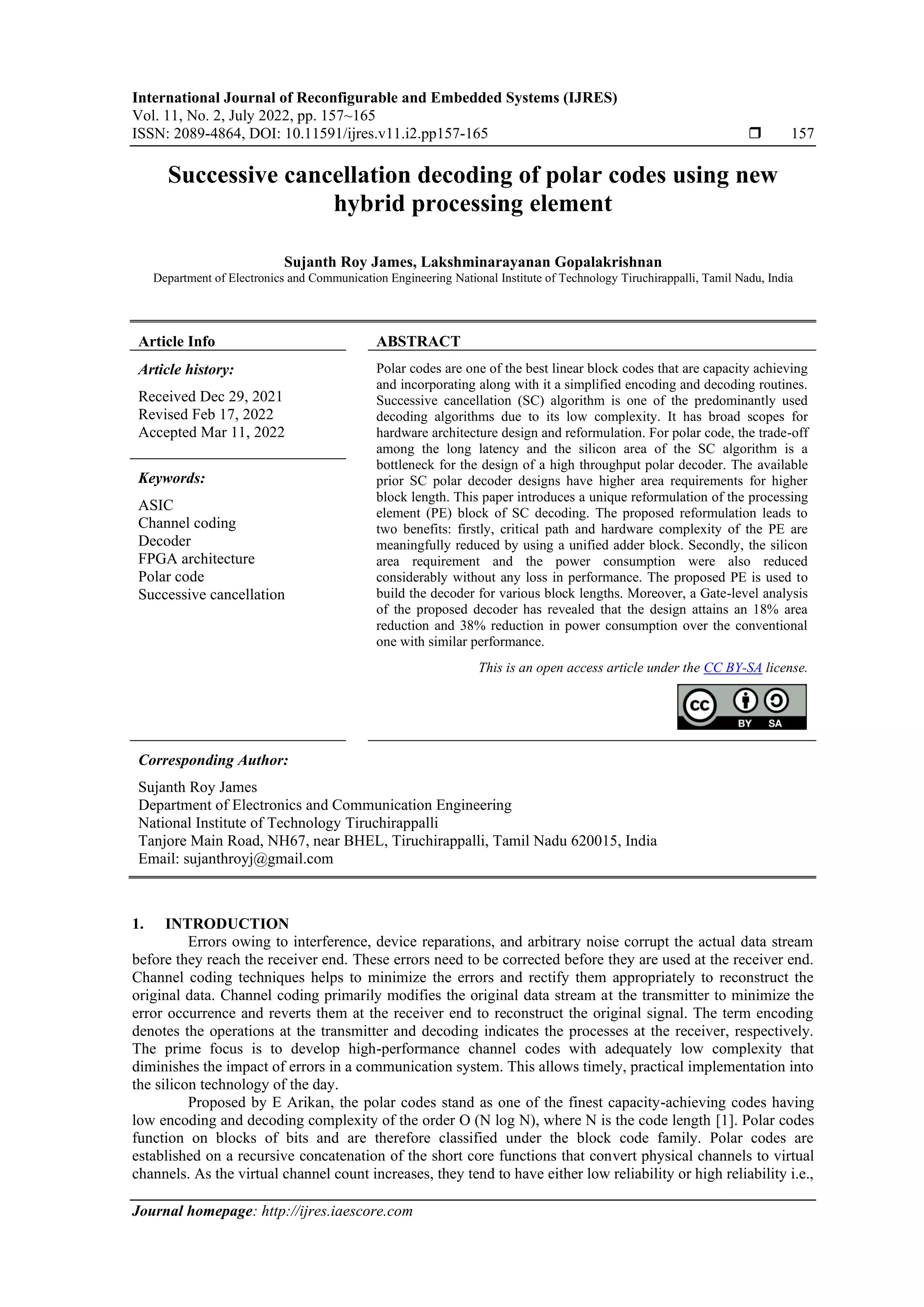 Successive cancellation decoding of polar codes using new hybrid processing element | PDF