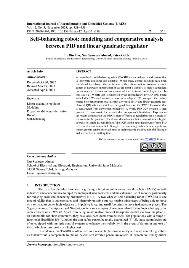 Self Balancing Robot Modeling And Comparative Analysis Between Pid And Linear Quadratic
