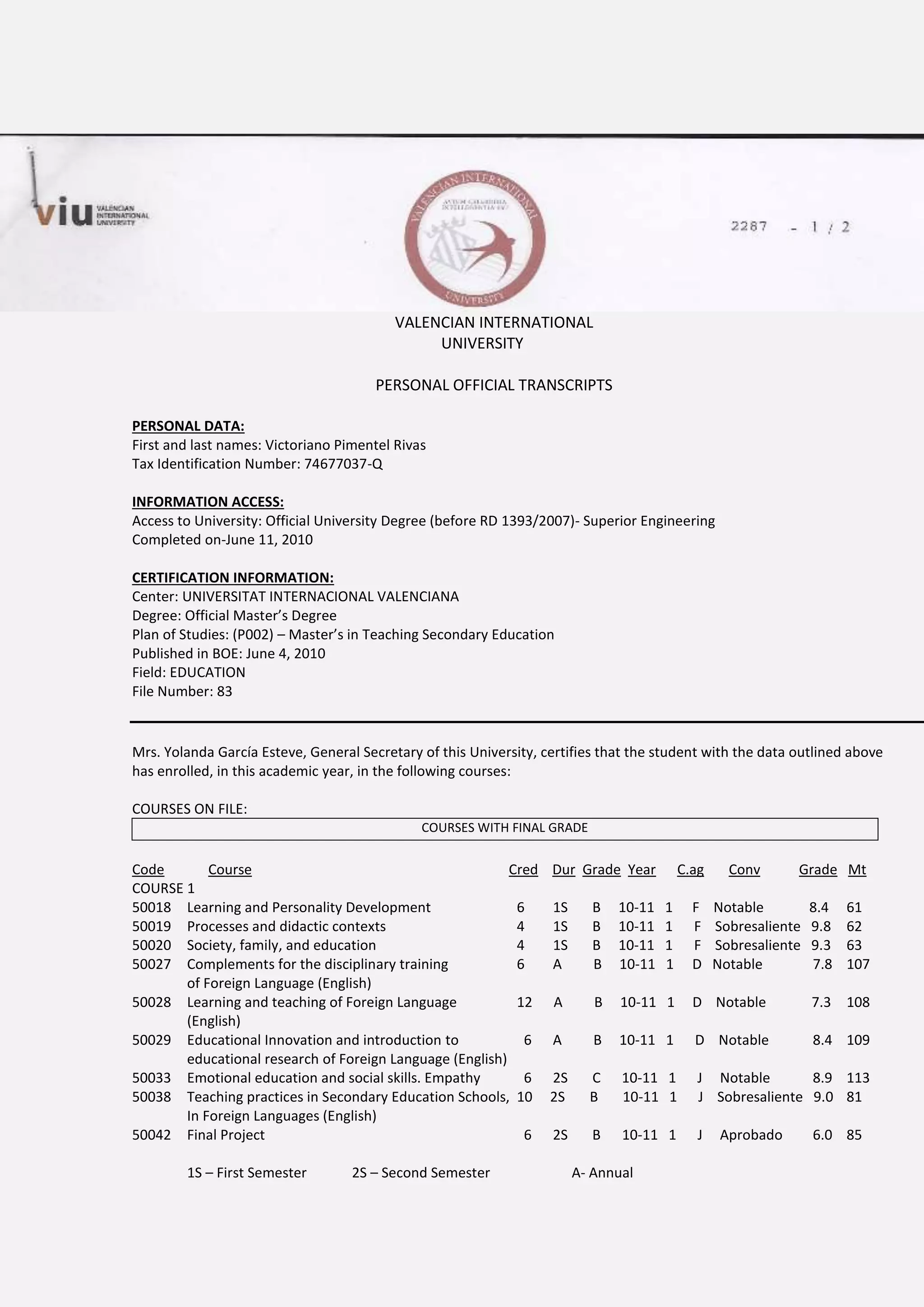Transcript_Masters_Ed_VPimentel | PDF