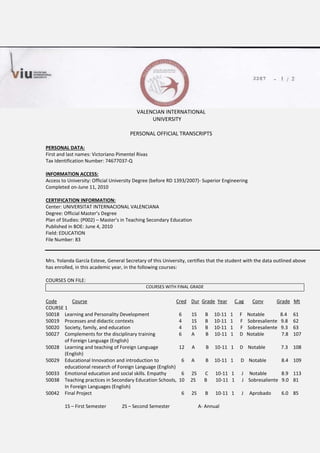 Transcript_Masters_Ed_VPimentel | PDF