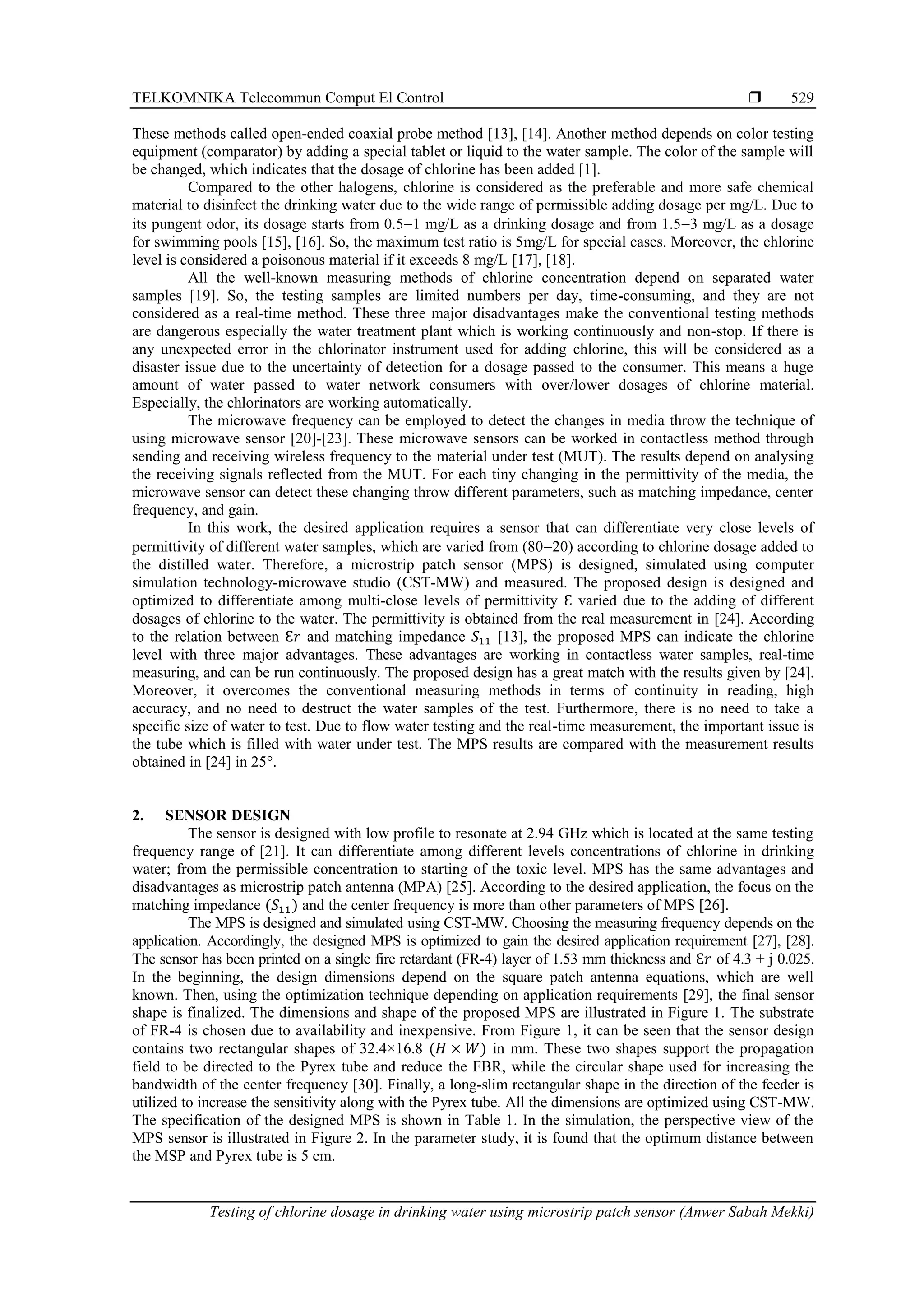 Testing of chlorine dosage in drinking water using microstrip patch ...