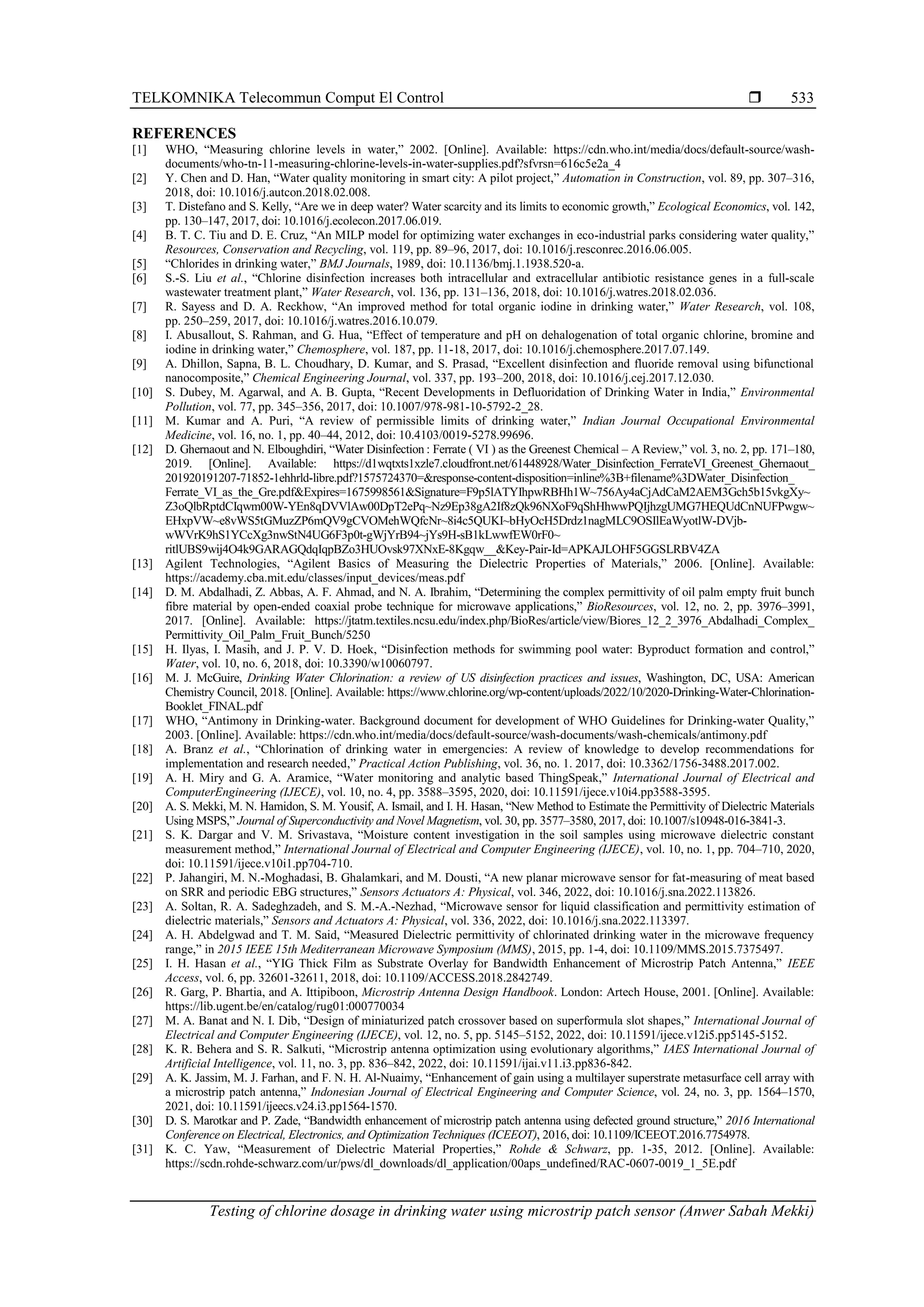 Testing of chlorine dosage in drinking water using microstrip patch ...