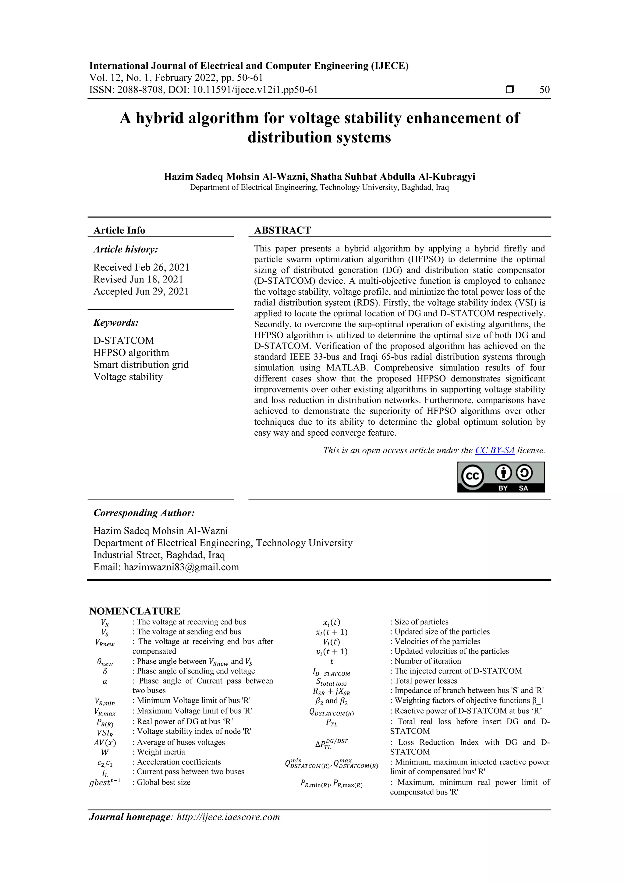 A hybrid algorithm for voltage stability enhancement of distribution ...