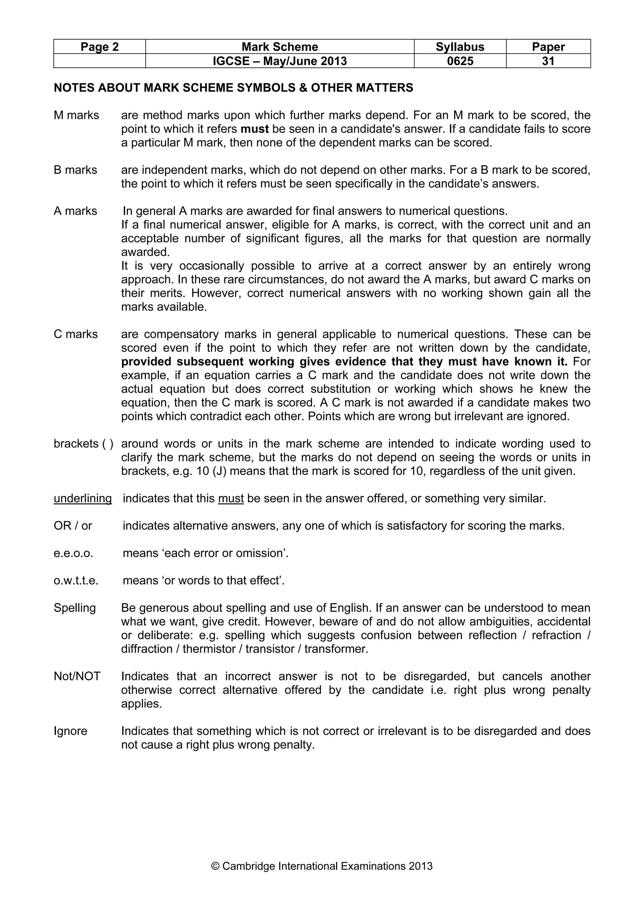 Physics 0625 - Paper 3 version 1 - Mark scheme - May Jun 2013 | PDF