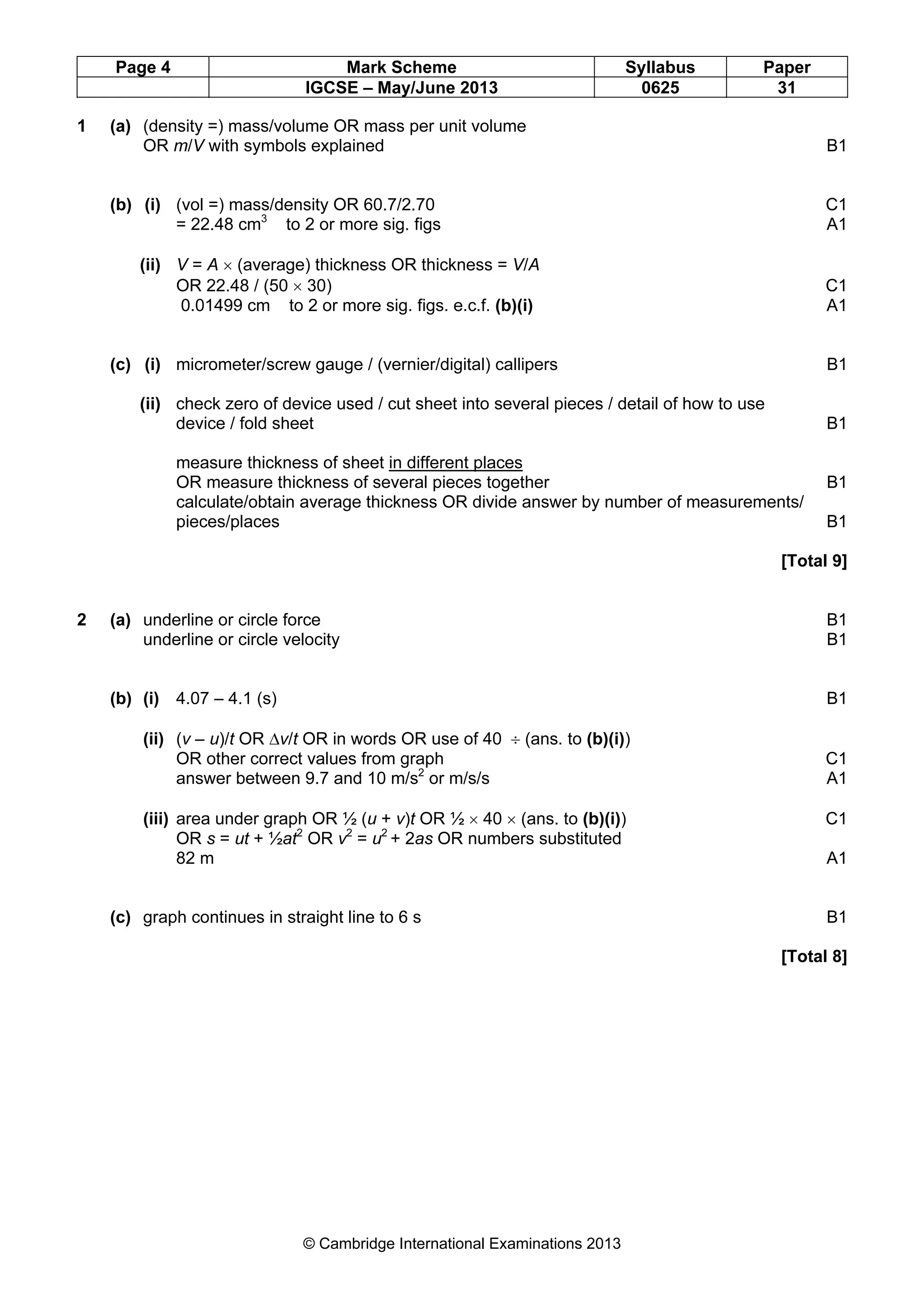 Physics 0625 - Paper 3 version 1 - Mark scheme - May Jun 2013 | PDF
