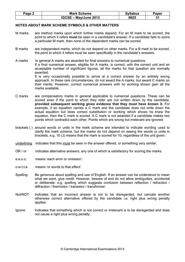 Physics 0625 - Paper 3 version 1 - Mark scheme - May Jun 2013 | PDF