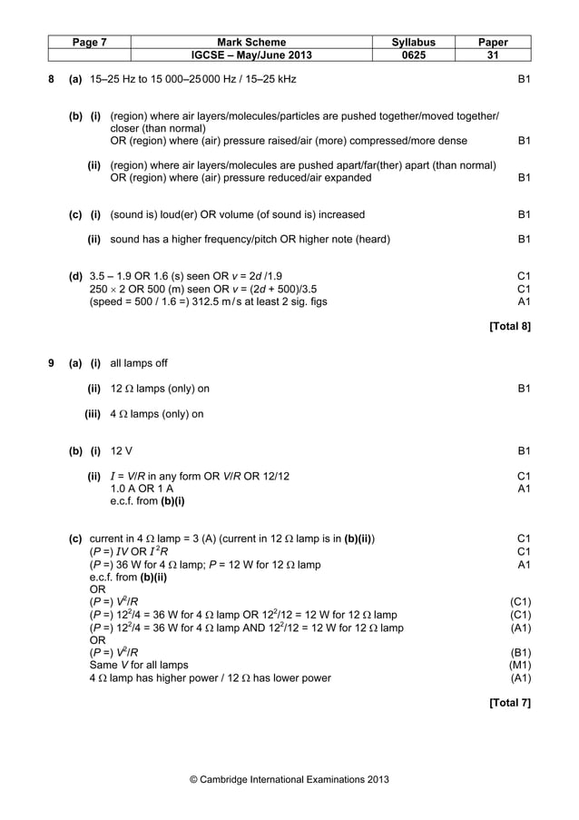 Physics 0625 - Paper 3 version 1 - Mark scheme - May Jun 2013 | PDF