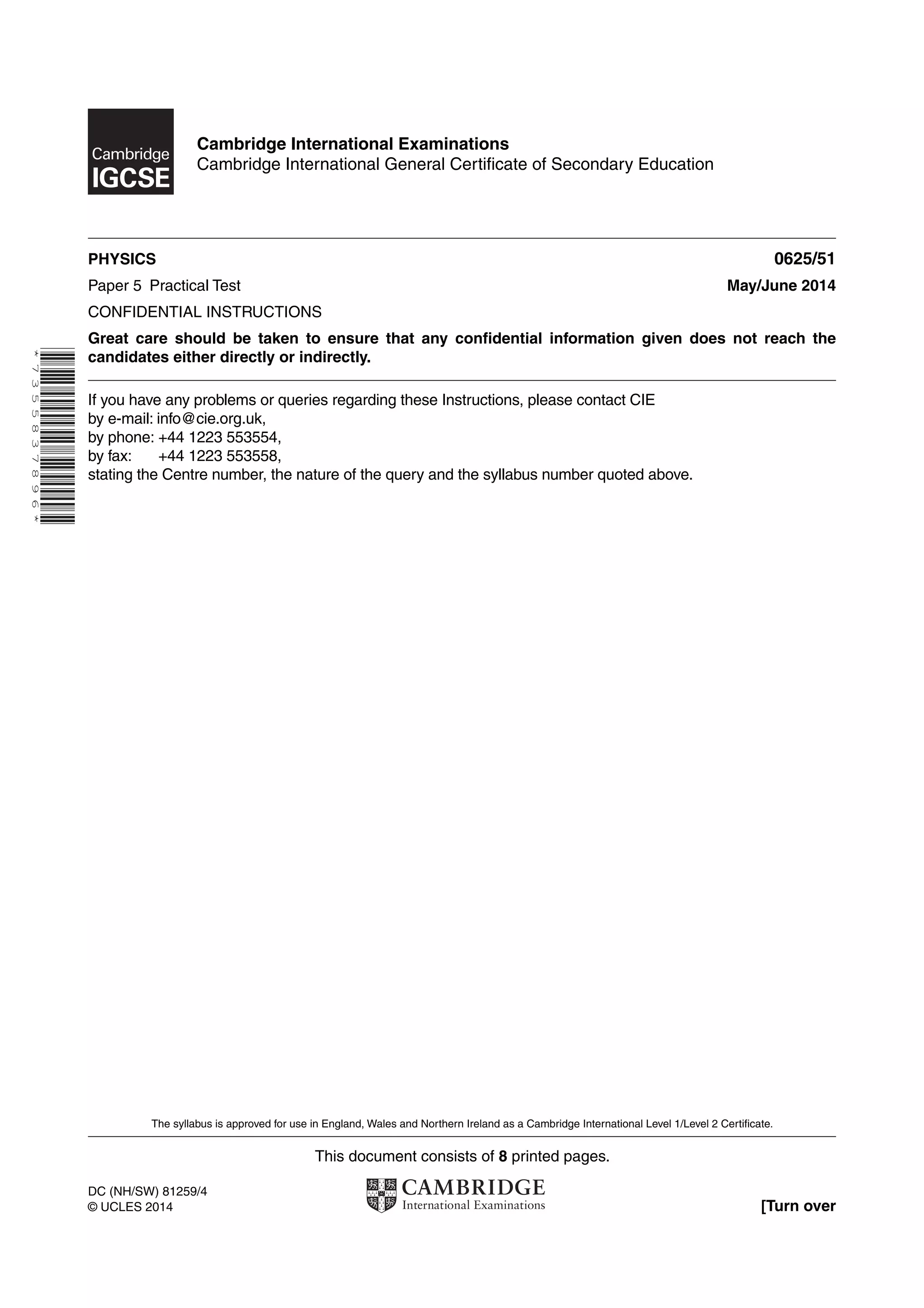 Physics 0625 - Paper 5 version 1 - Instruction - May Jun 2014 | PDF