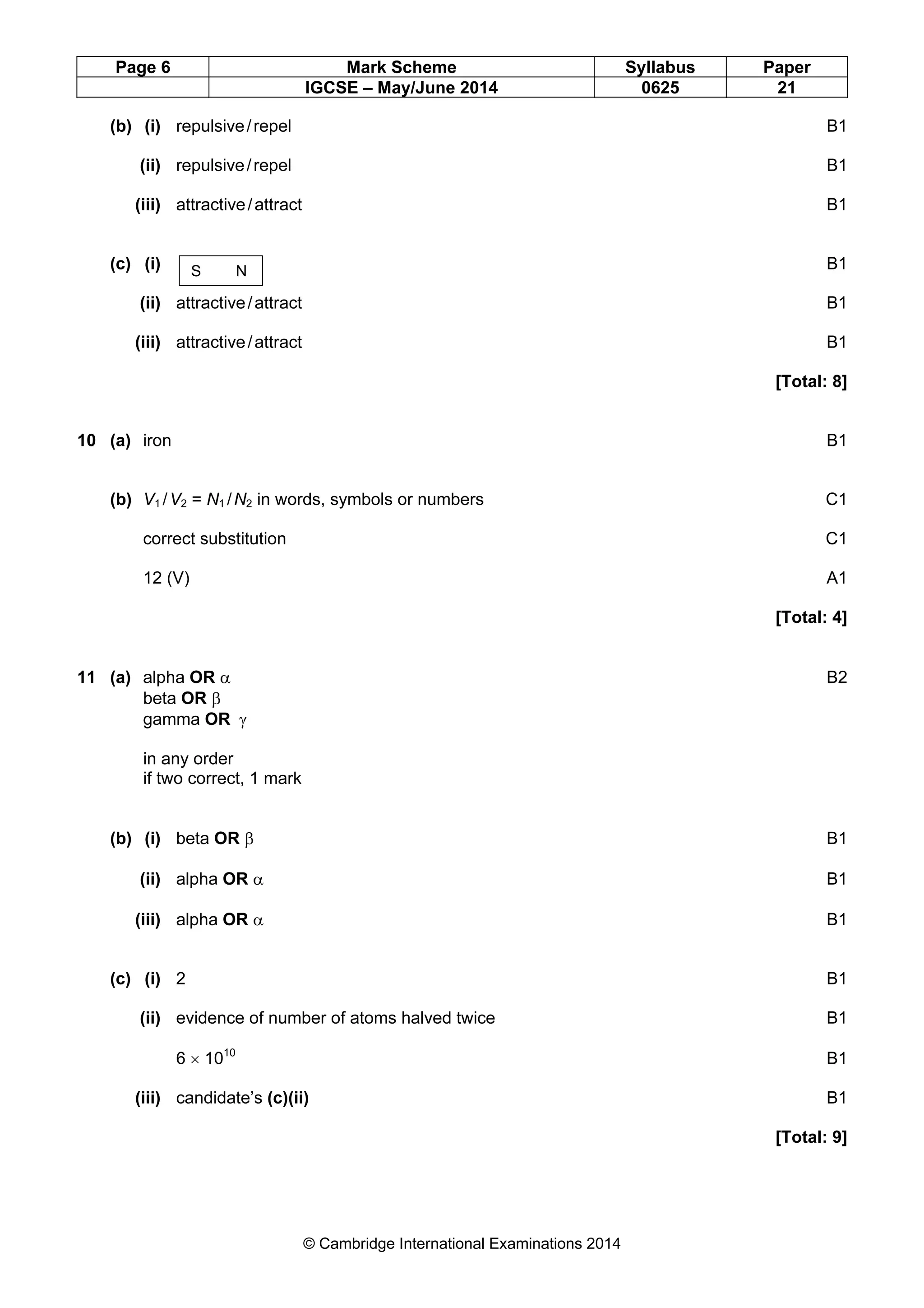 Physics 0625 - Paper 2 version 1 - Mark scheme - May Jun 2014 | PDF