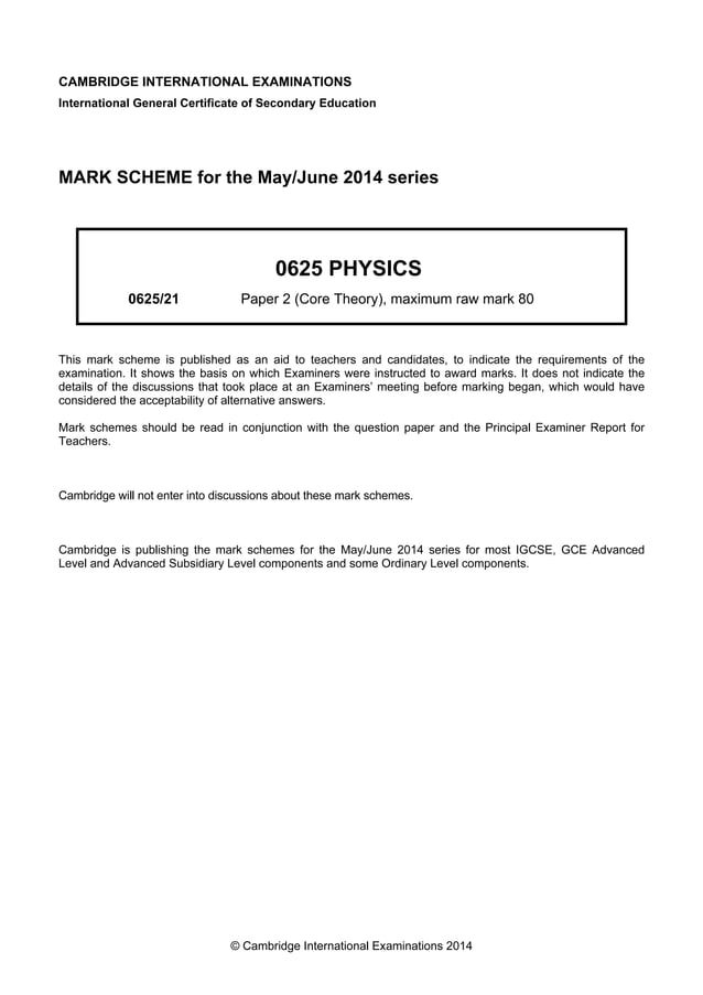 Physics 0625 - Paper 2 version 1 - Mark scheme - May Jun 2014 | PDF