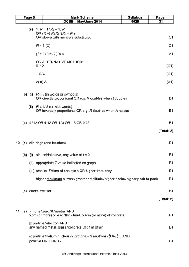 Physics 0625 - Paper 3 version 1 - Mark scheme - May Jun 2014 | PDF ...
