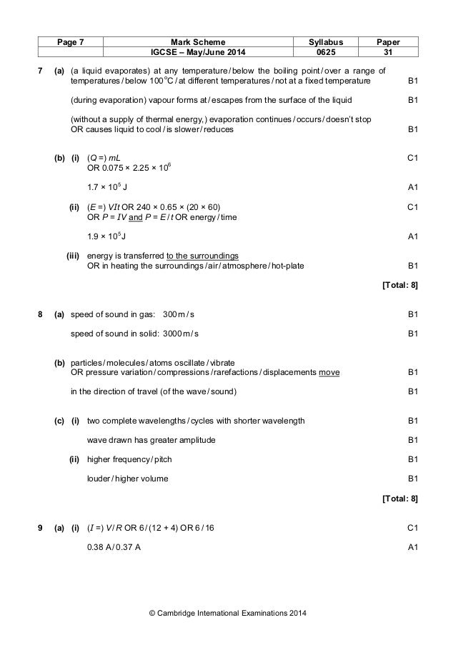 Physics 0625 - Paper 3 version 1 - Mark scheme - May Jun 2014