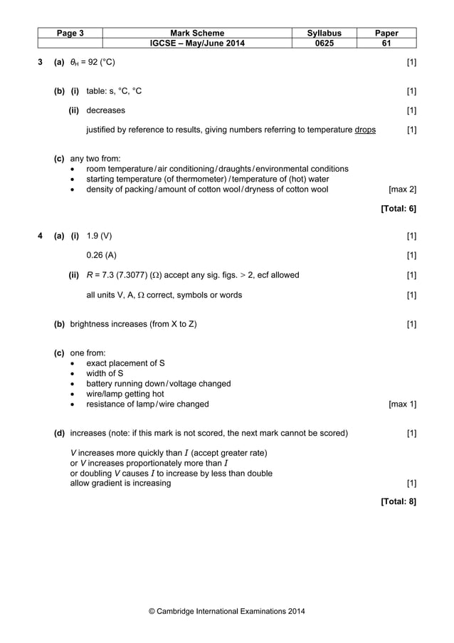 Physics 0625 - Paper 6 version 1 - Mark scheme - May Jun 2014 | PDF
