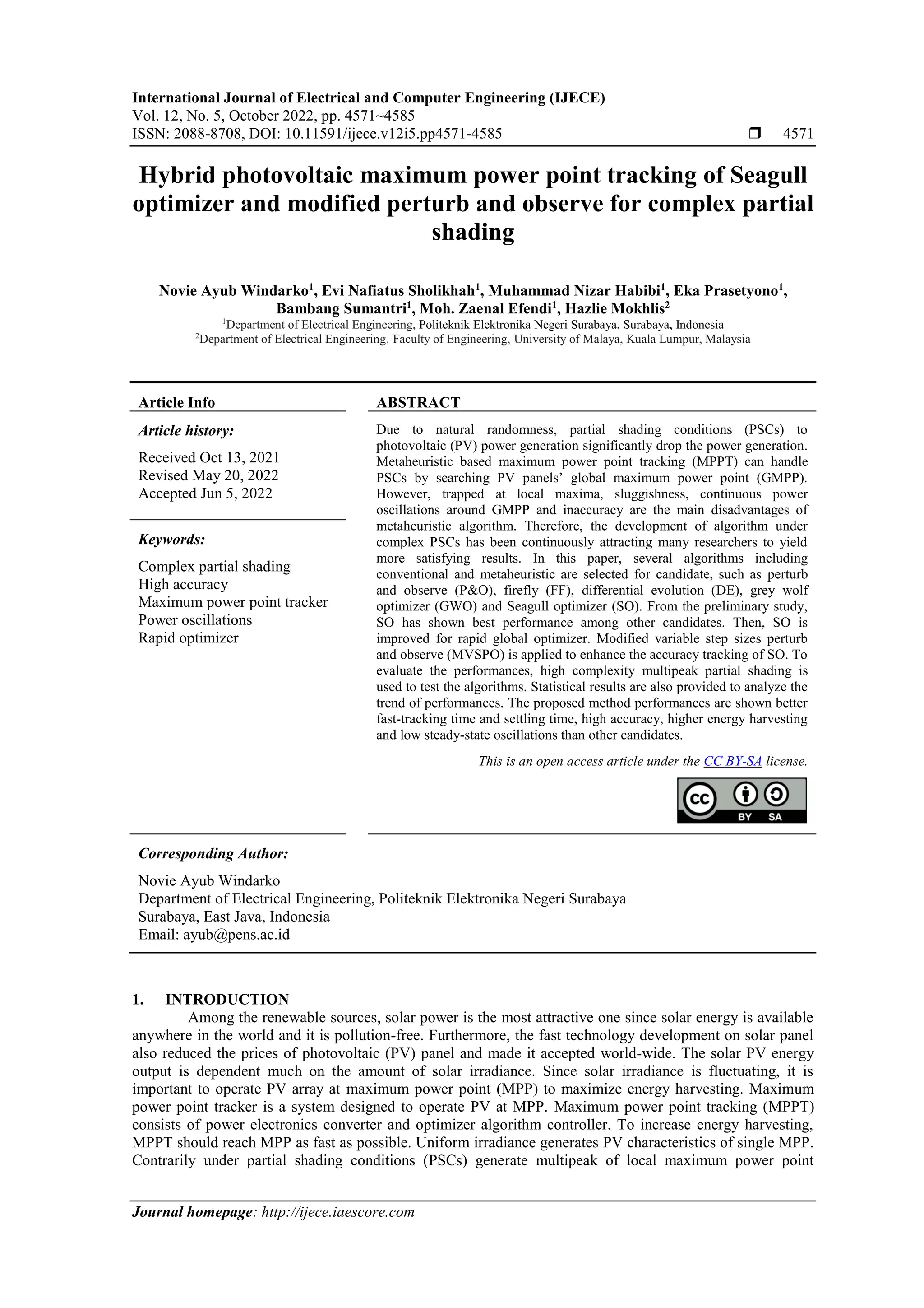 Hybrid photovoltaic maximum power point tracking of Seagull optimizer and modified perturb and ...