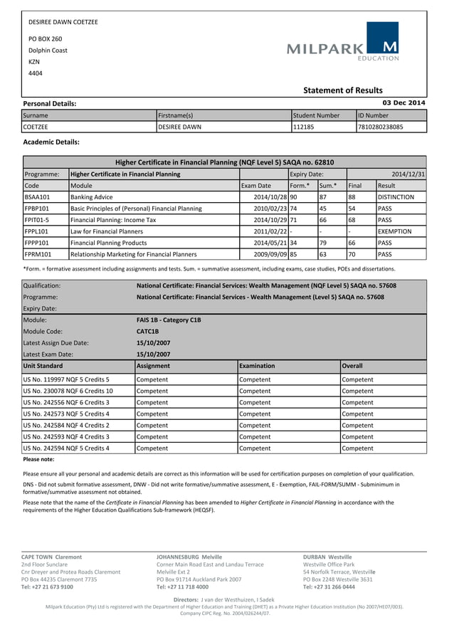 Milpark final results 03 Dec 2014 | PDF