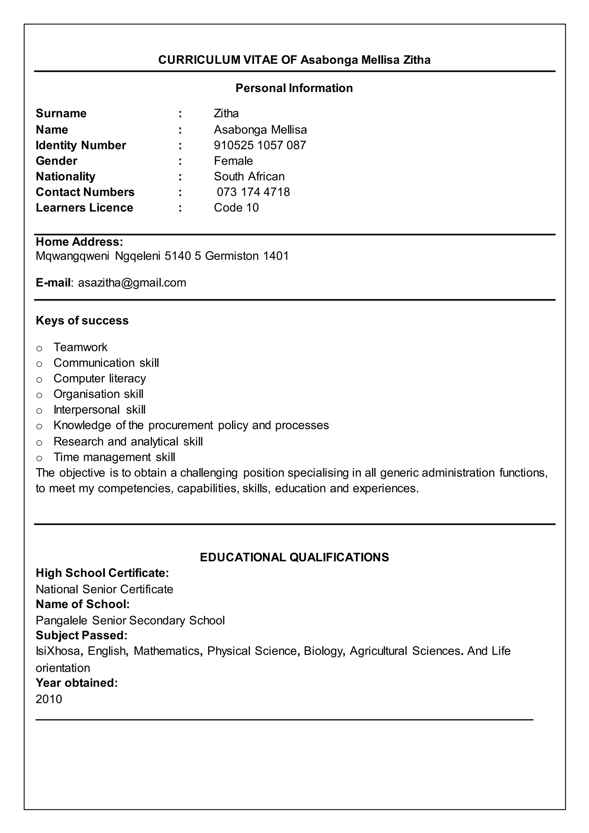 Asabonga Mellisa's CV | PDF