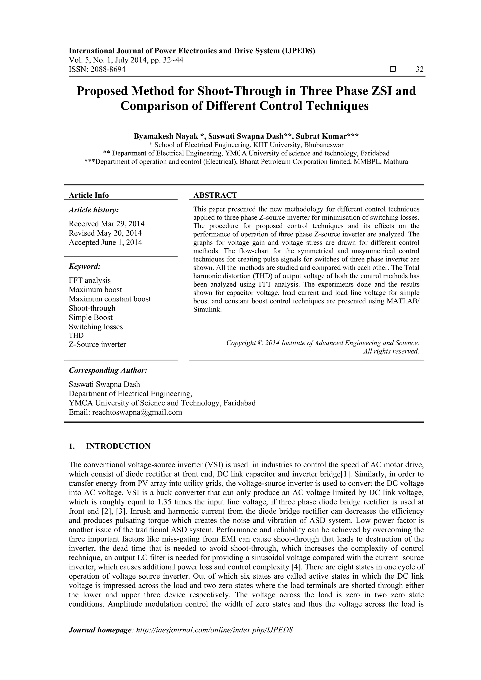 Proposed Method for Shoot-Through in Three Phase ZSI and Comparison of Different Control ...