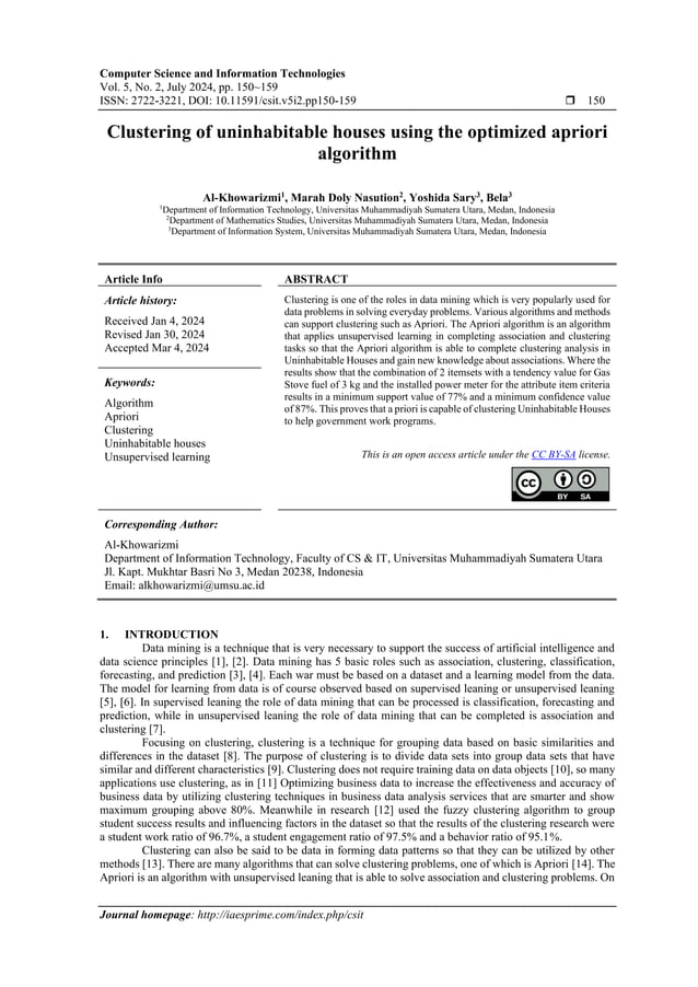 Clustering of uninhabitable houses using the optimized apriori algorithm | PDF