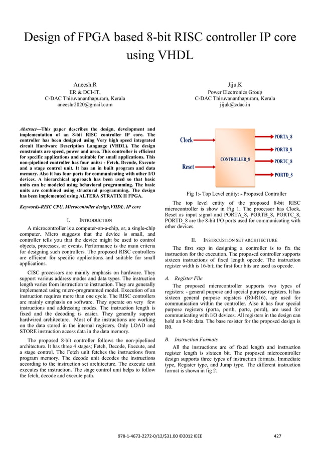Design of FPGA based 8-bit RISC Controller IP core using VHDL | PDF | Programming Languages ...