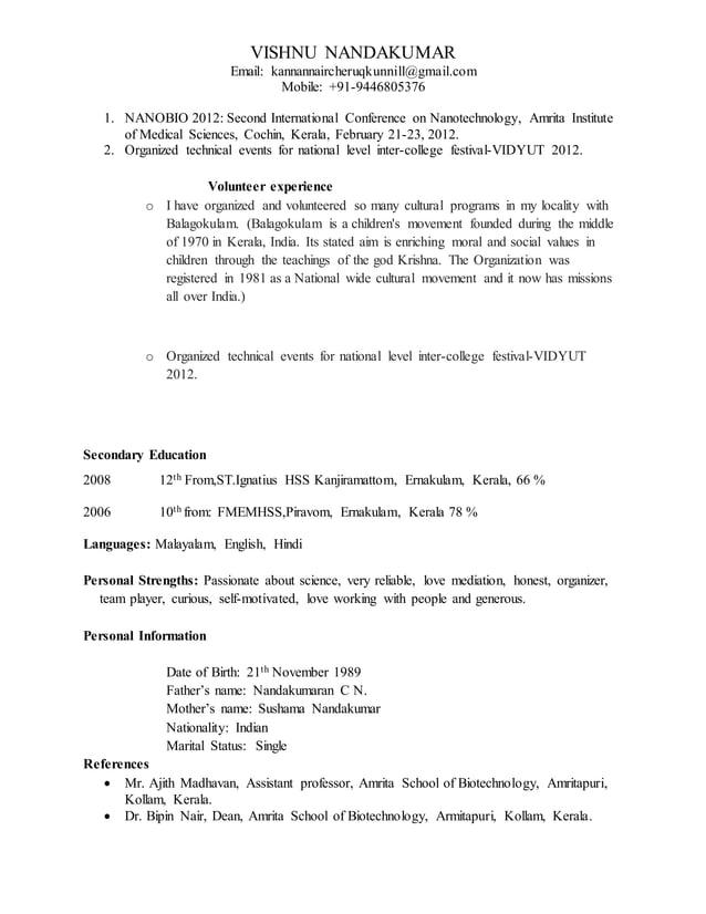 VISHNU, UPDATED RESUME 111 - Copy | DOCX | Biotech and Biomedical Industry | Industries