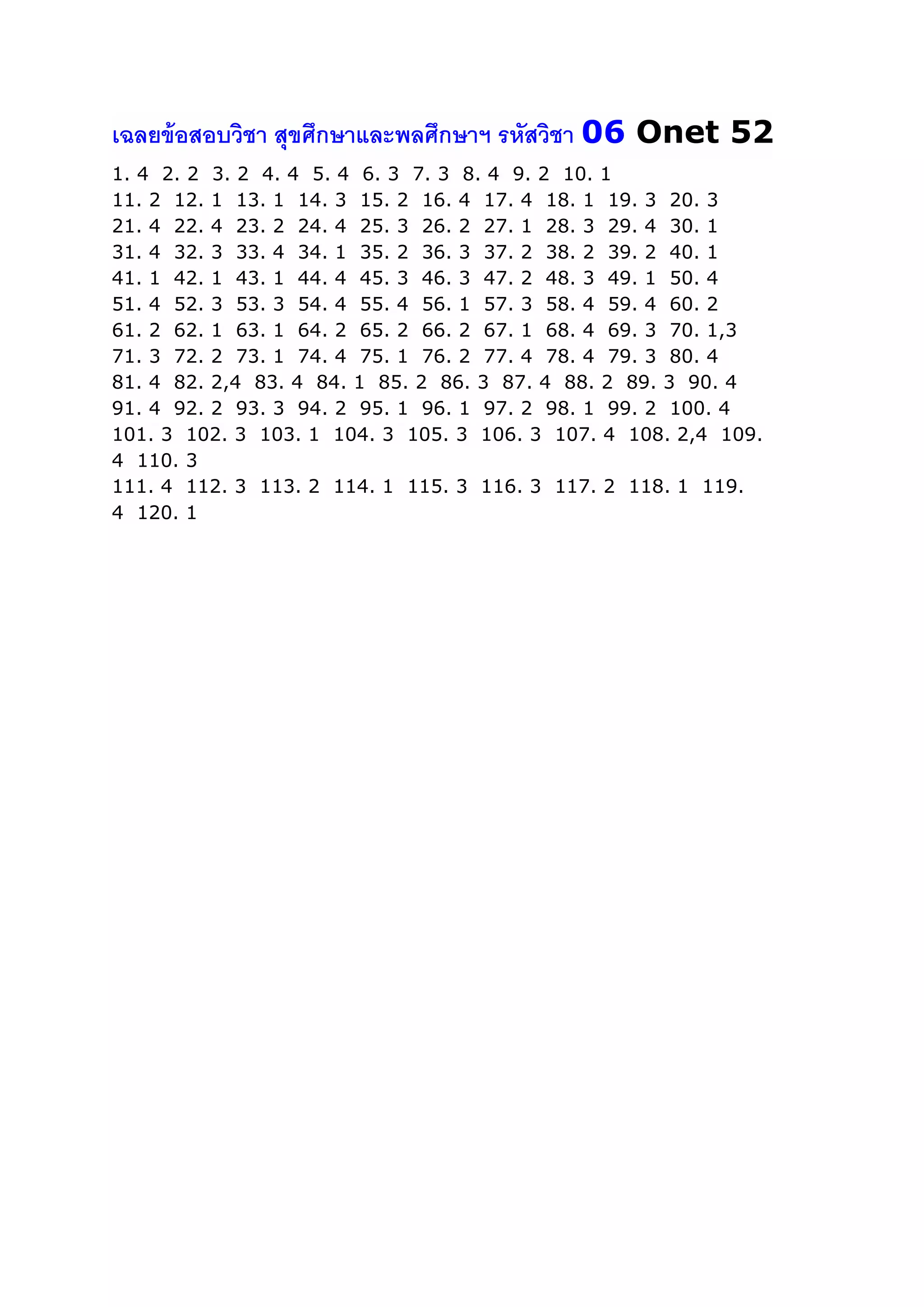 เฉลยข้อสอบวิชา สุขศึกษาและพลศึกษาฯ รหัสวิชา 06 52 | PDF