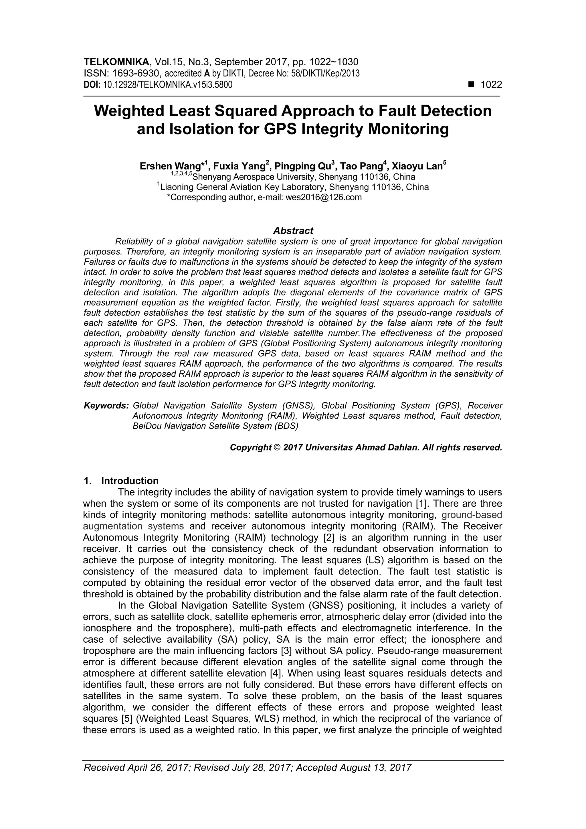 Weighted Least Squared Approach To Fault Detection And Isolation For Gps Integrity Monitoring Pdf