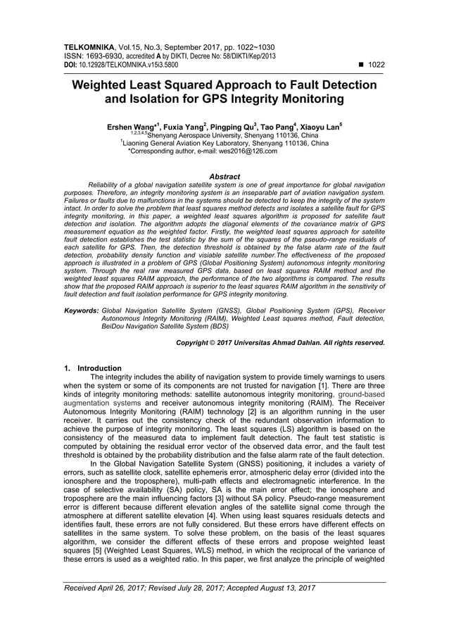 Weighted Least Squared Approach to Fault Detection and Isolation for GPS Integrity Monitoring | PDF
