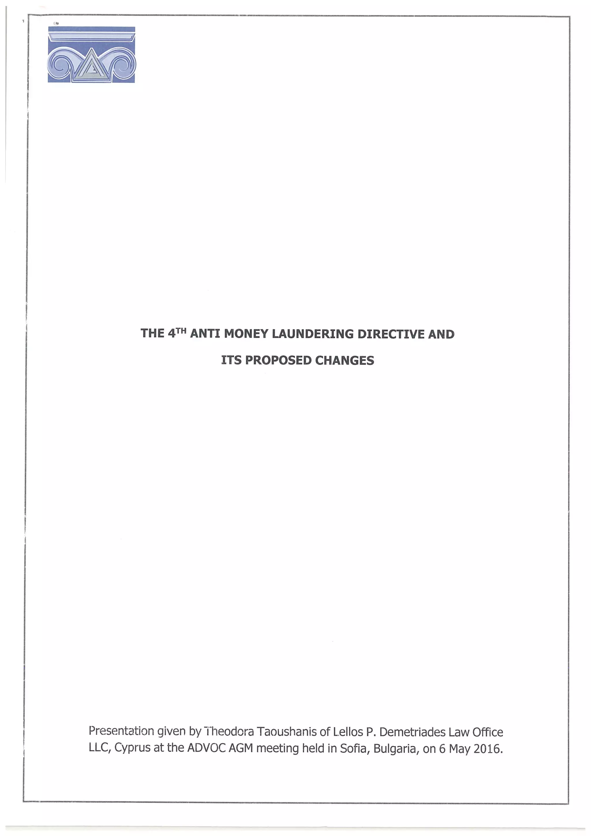 PRESENTATION ON THE 4 AML DIRECTIVE AT THE ADVOC MEETING IN SOFIA 6.5.16