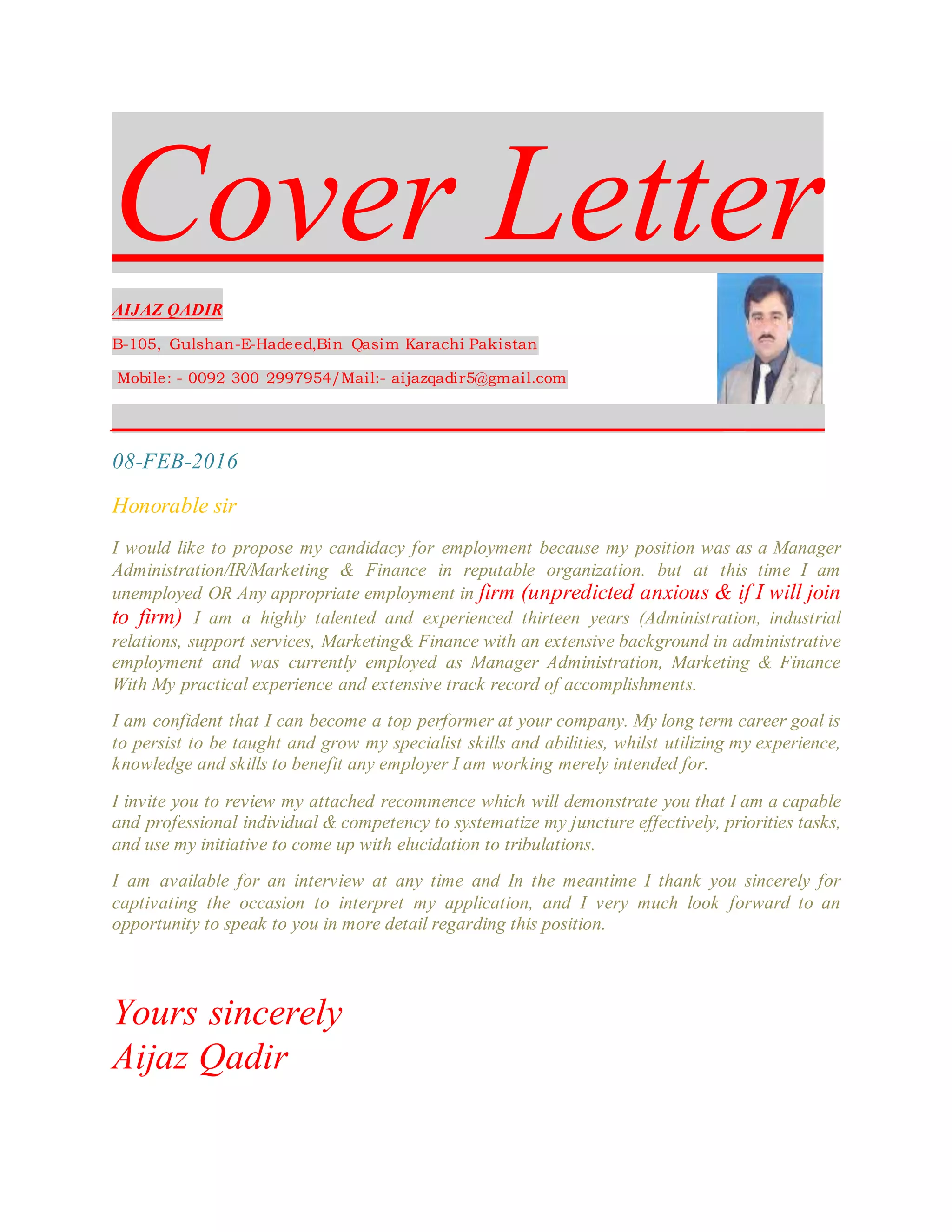 Cover Letter For Job Aijaz Qadir | DOCX