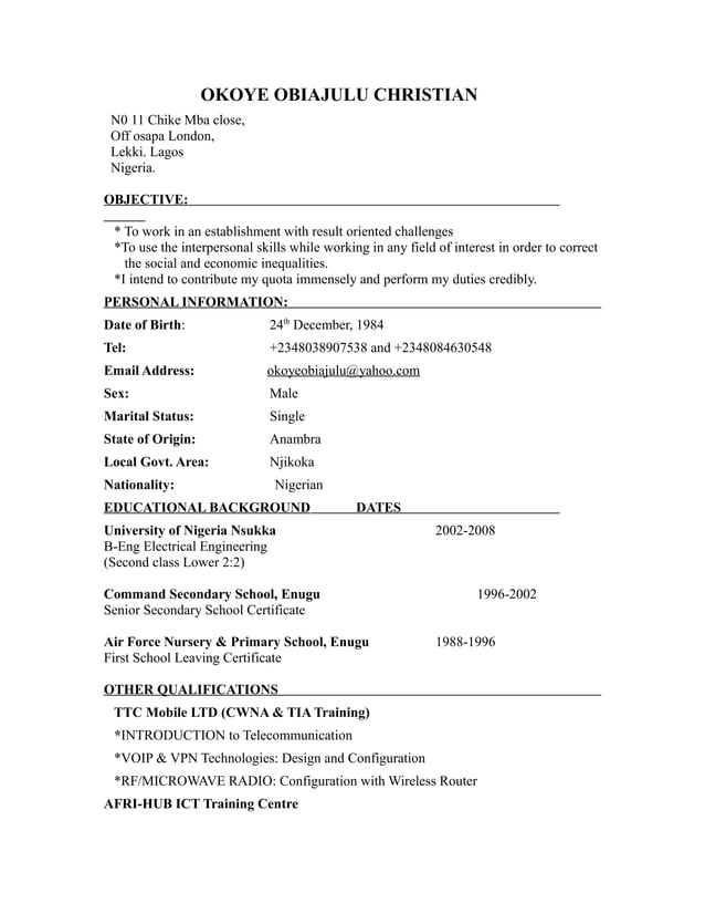 Okoye Obiajulu (resume) .................... | RTF
