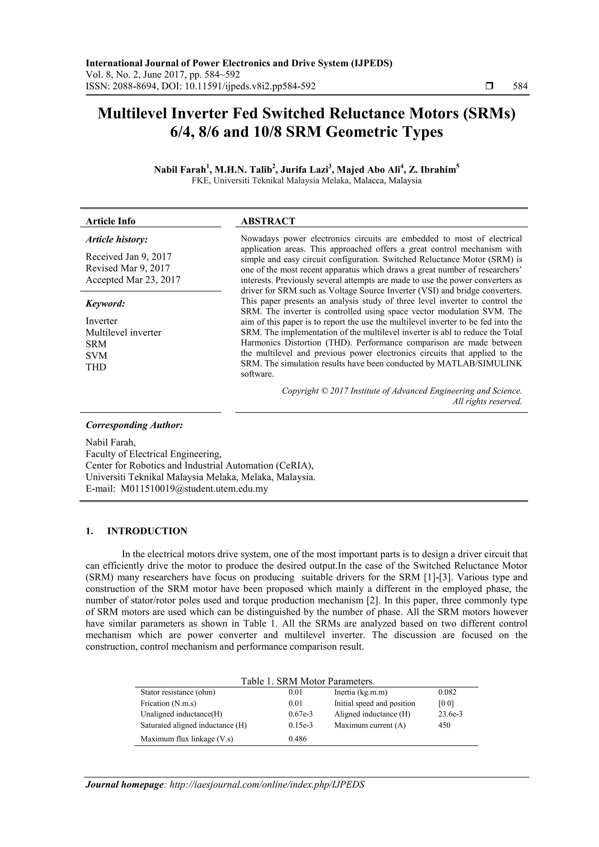 Multilevel Inverter Fed Switched Reluctance Motors (SRMs): 6/4, 8/6 and 10/8 SRM Geometric Types ...